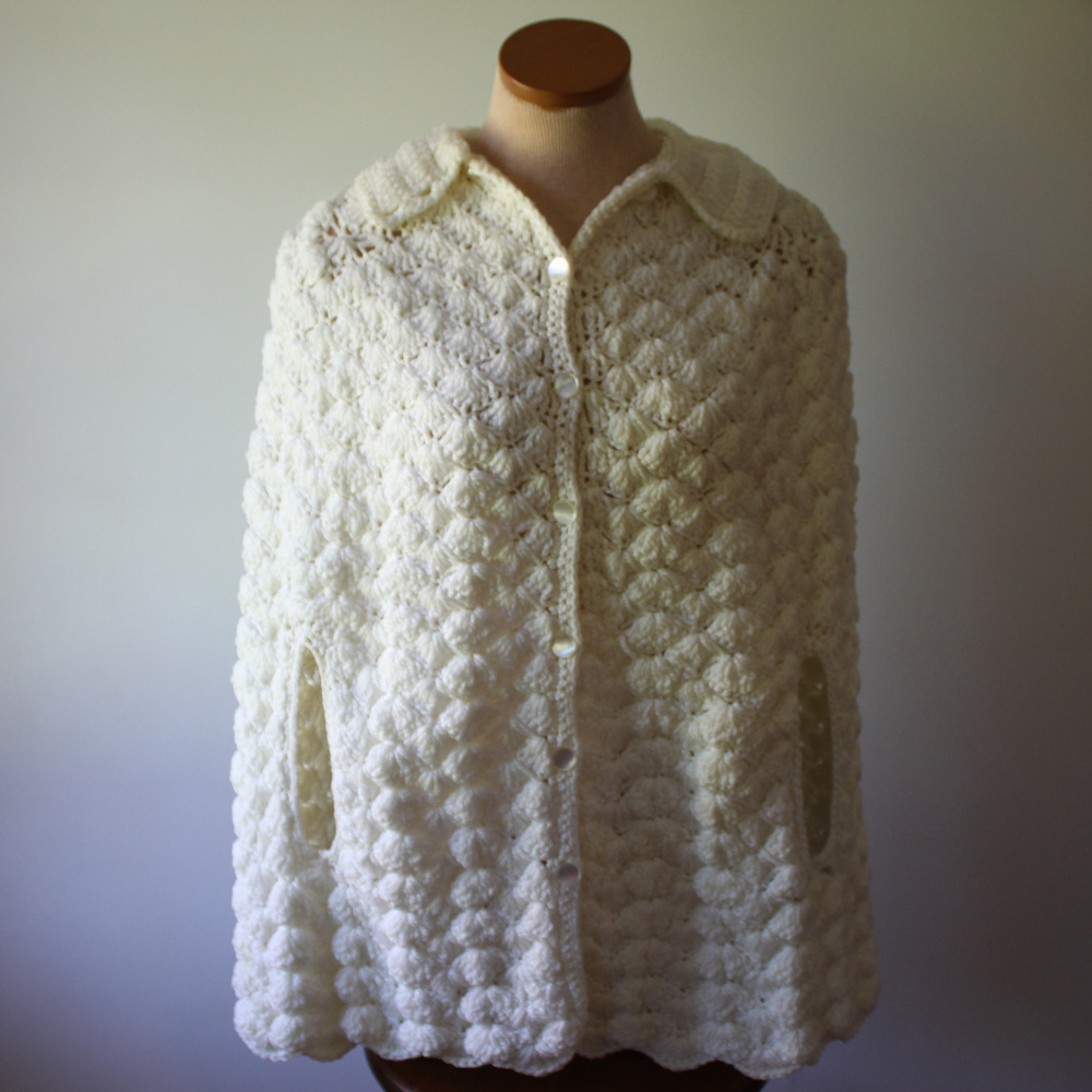 Vintage White Heavy Handmade Crochet Shawl - Gem